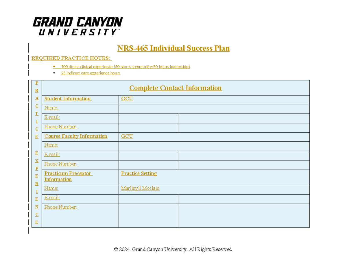 NRS-465 Individual Success Plan: Mapping Success in Clinical Practice ...