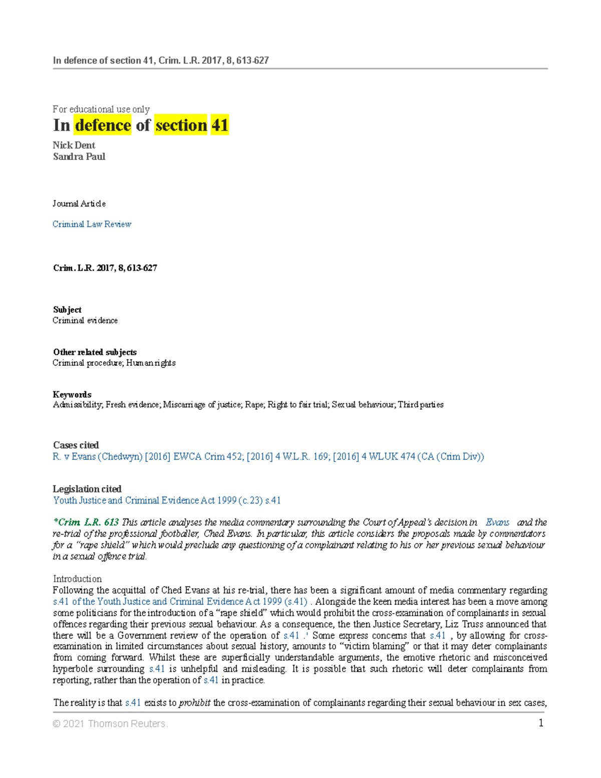 In defence of section 41 - For educational use only In defence of ...