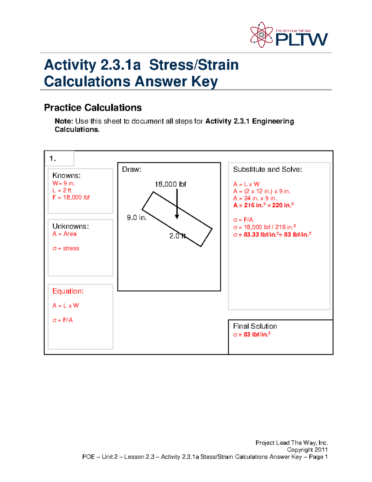 Activity 2.3.1a Answer Key: Stress/Strain Calculations in Engineering ...
