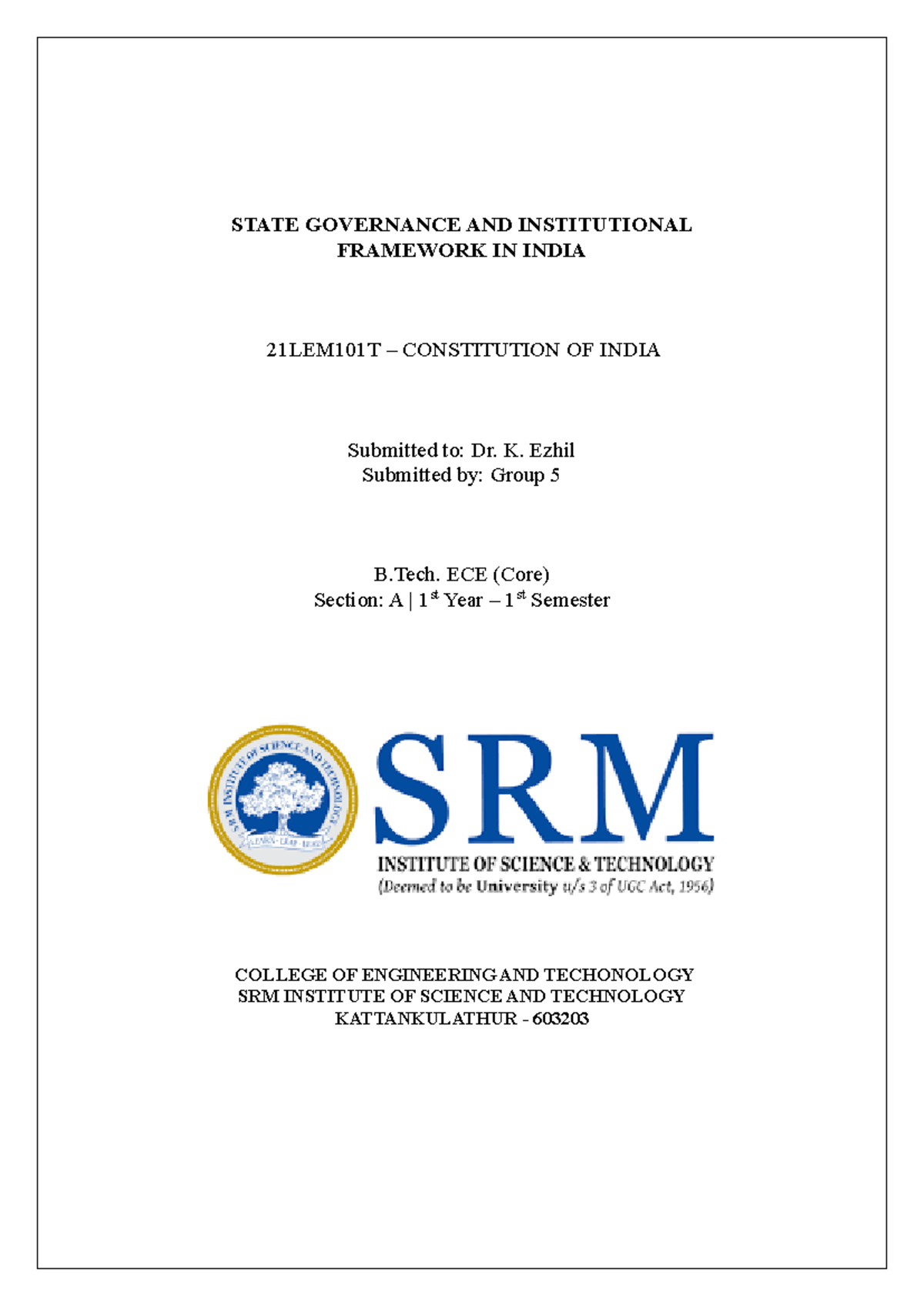 Group 5 CoI PBL - STATE GOVERNANCE AND INSTITUTIONAL FRAMEWORK IN INDIA ...