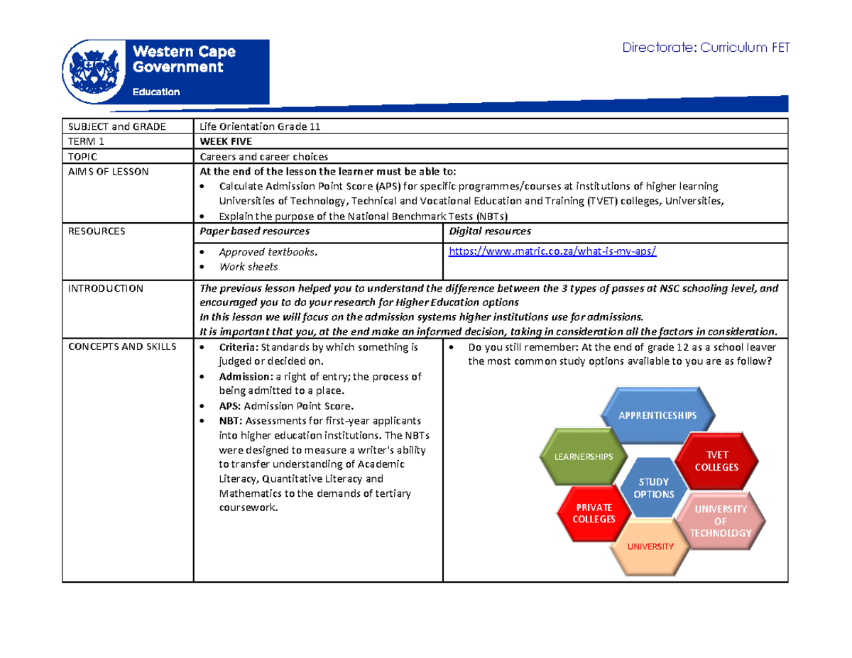 Life Orientation Grade 11 Term 1 Week 5: Career Choices & NBTs - Studocu