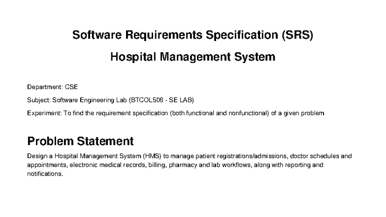 Hospital Management System SRS (BTCOL506 SE LAB) - Studocu