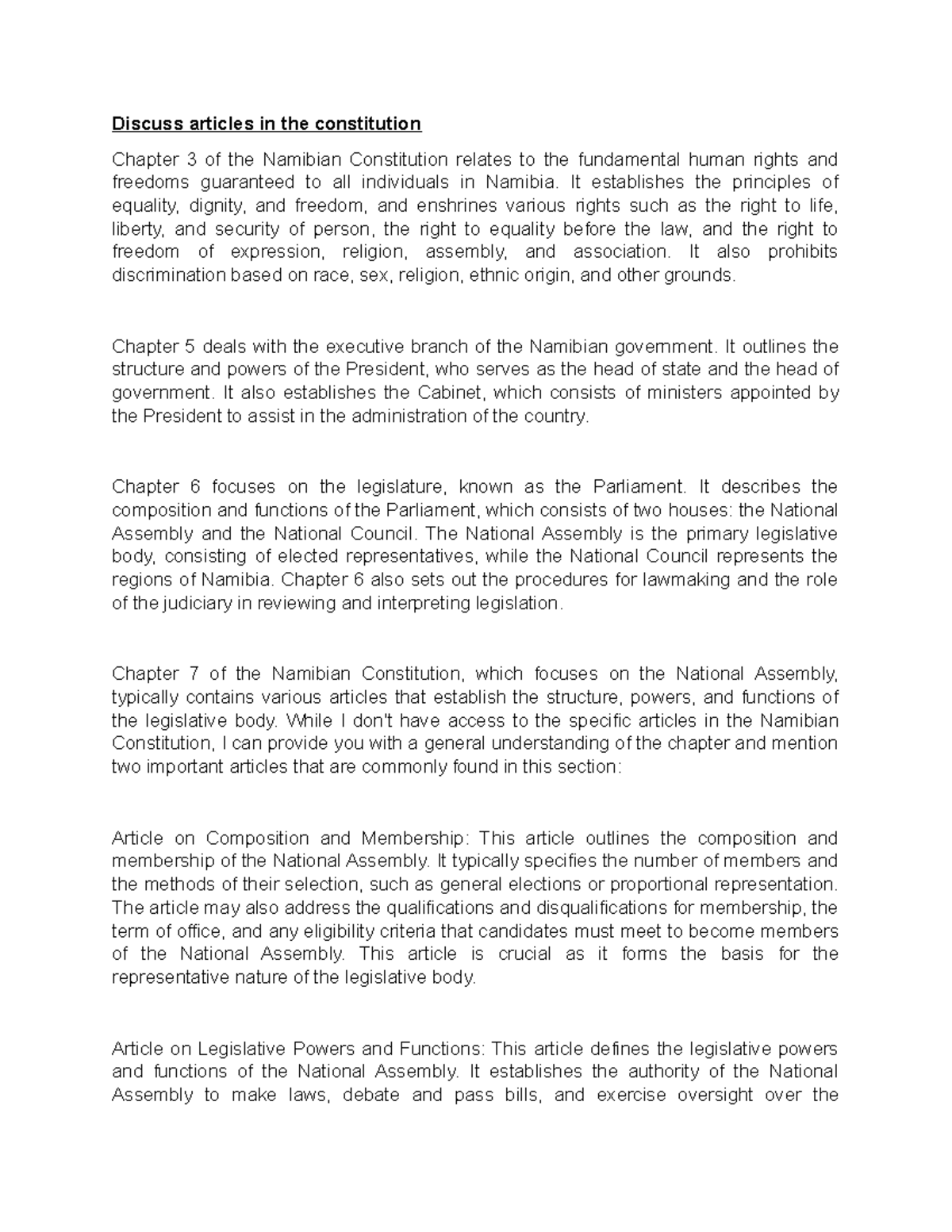 Namibian Constitution: Overview of Key Chapters and Articles - Studocu