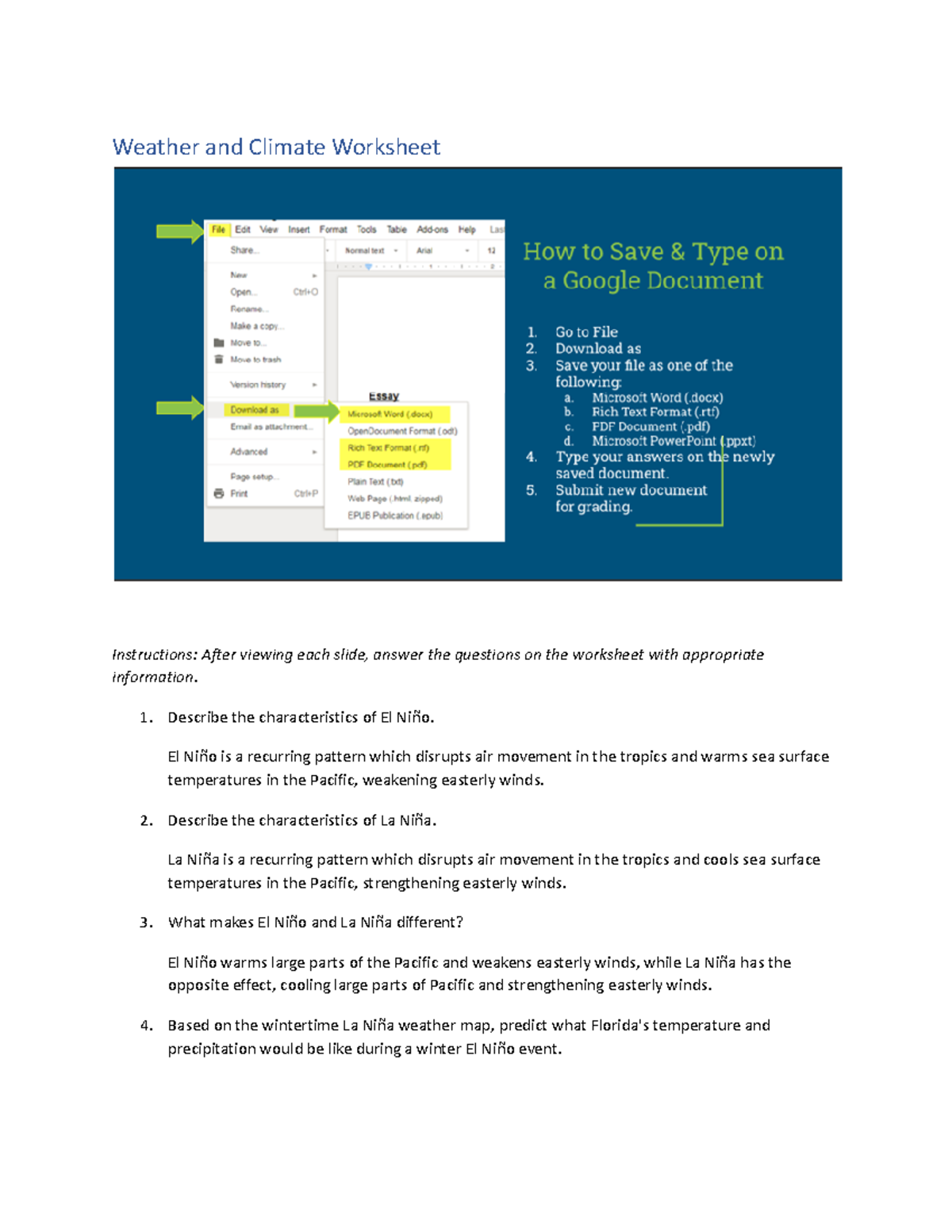 3.05 Weather and Climate Worksheet: El Niño & La Niña Characteristics ...