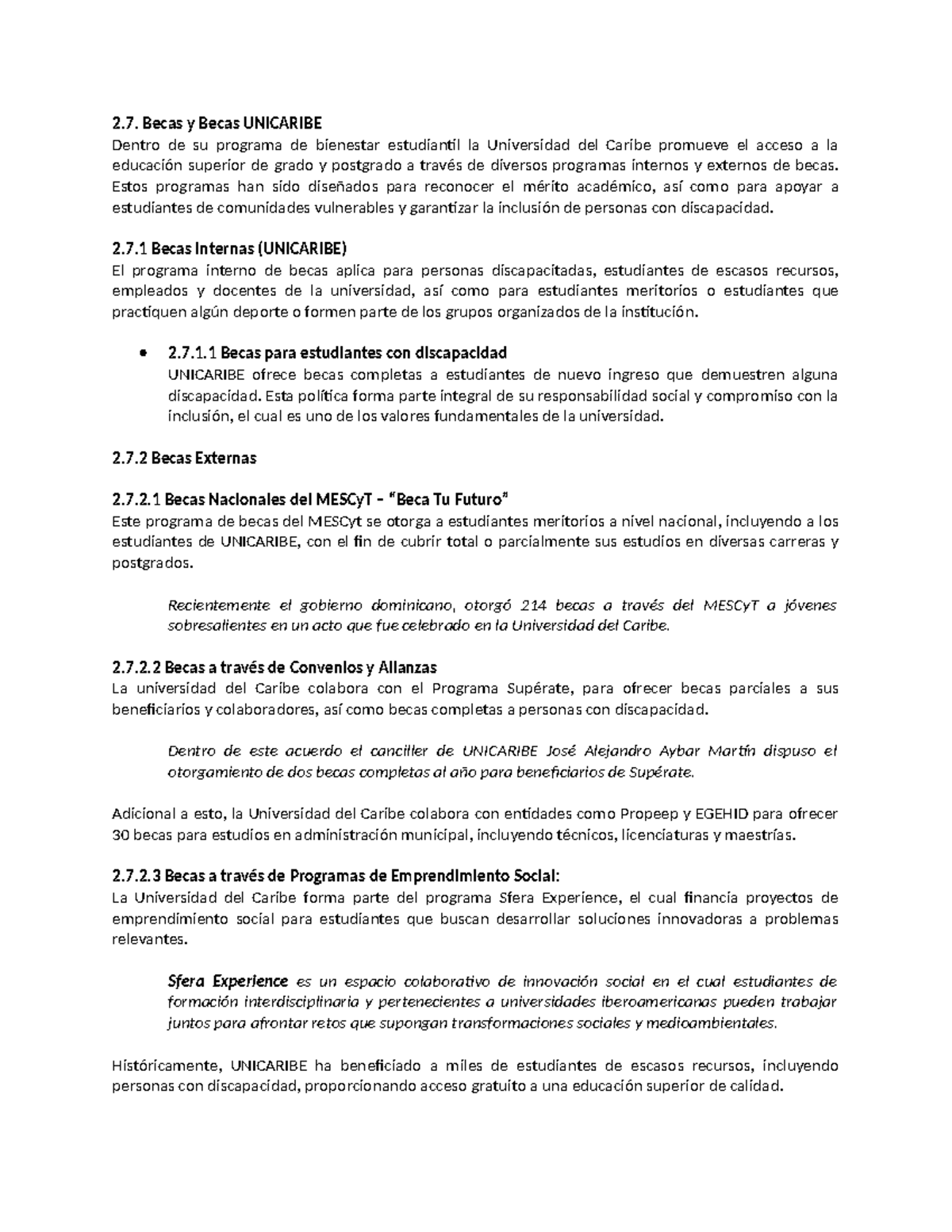 Becas y Programas de Bienestar Estudiantil en UNICARIBE - ALPB - Studocu