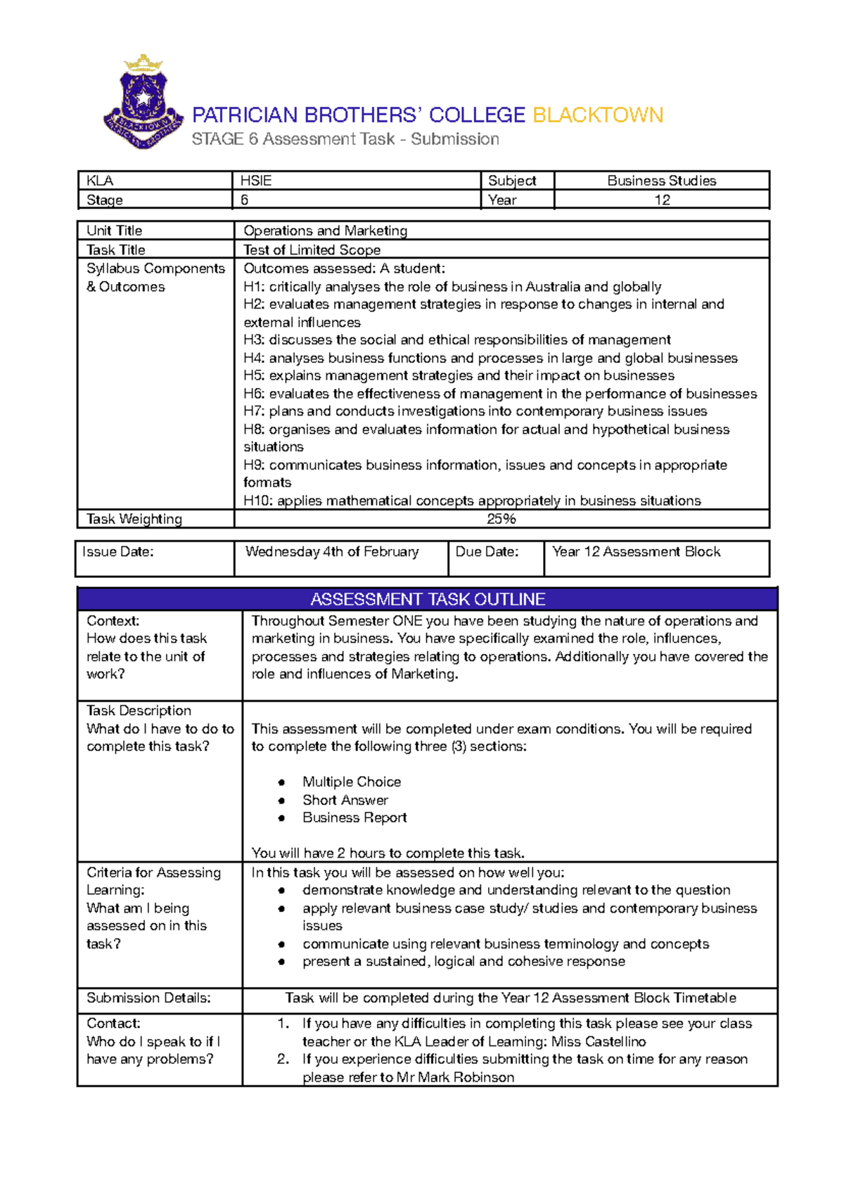 2026 12 Business Studies Task 2: Operations & Marketing Test - Studocu