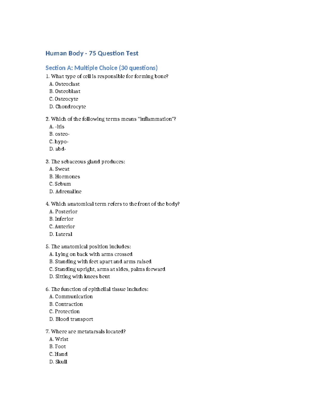 Human Body 75 Question Test: MCQ & Fill-in-the-Blank Sections - Studocu