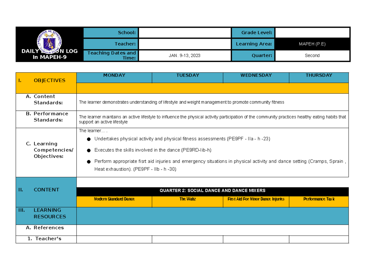 PE FOR FORTH TO SIXTH WEEKS - DAILY LESSON LOG In MAPEH- School: Grade ...