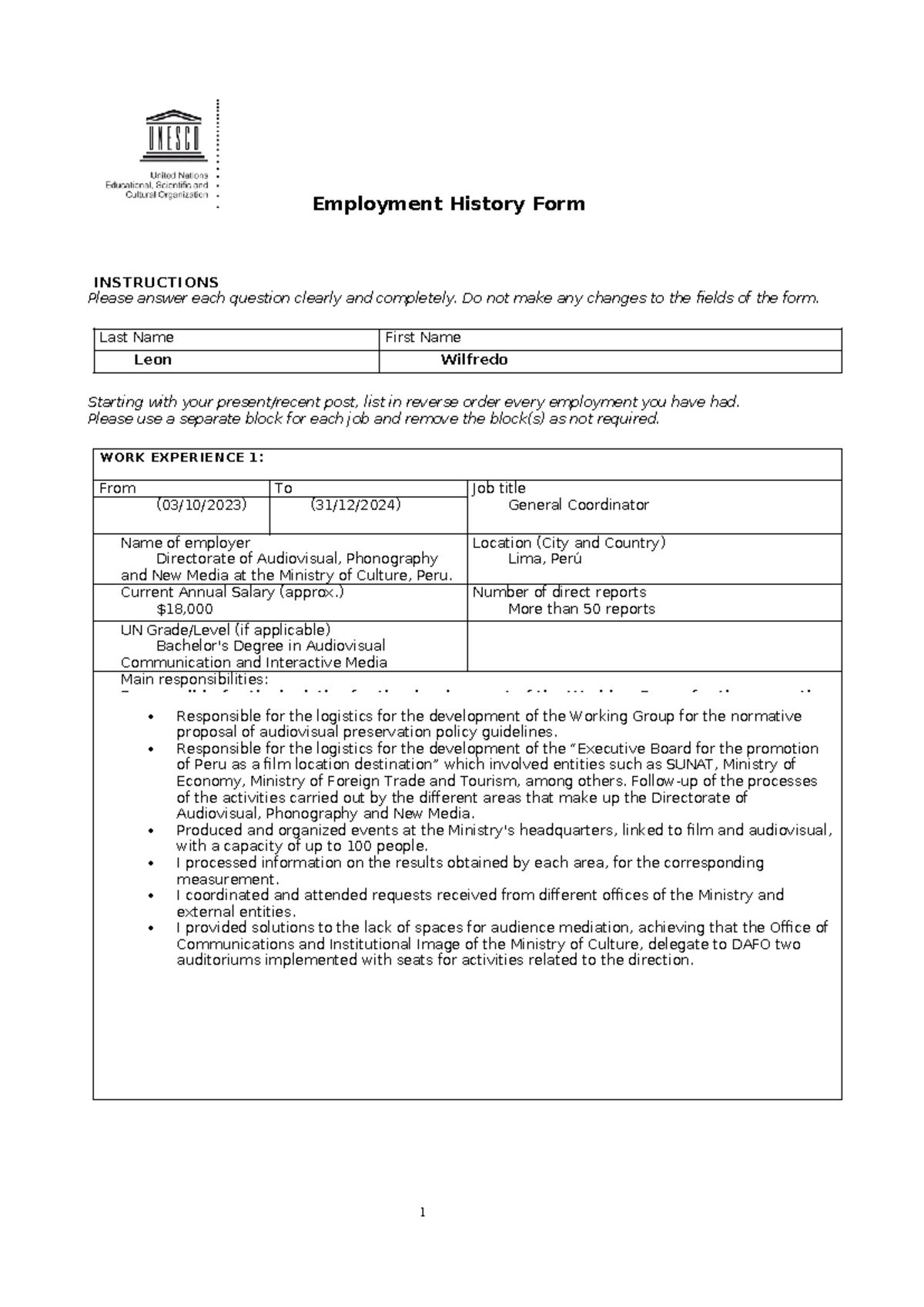 UNESCO Employment History Form Template - Updated Final Version ...