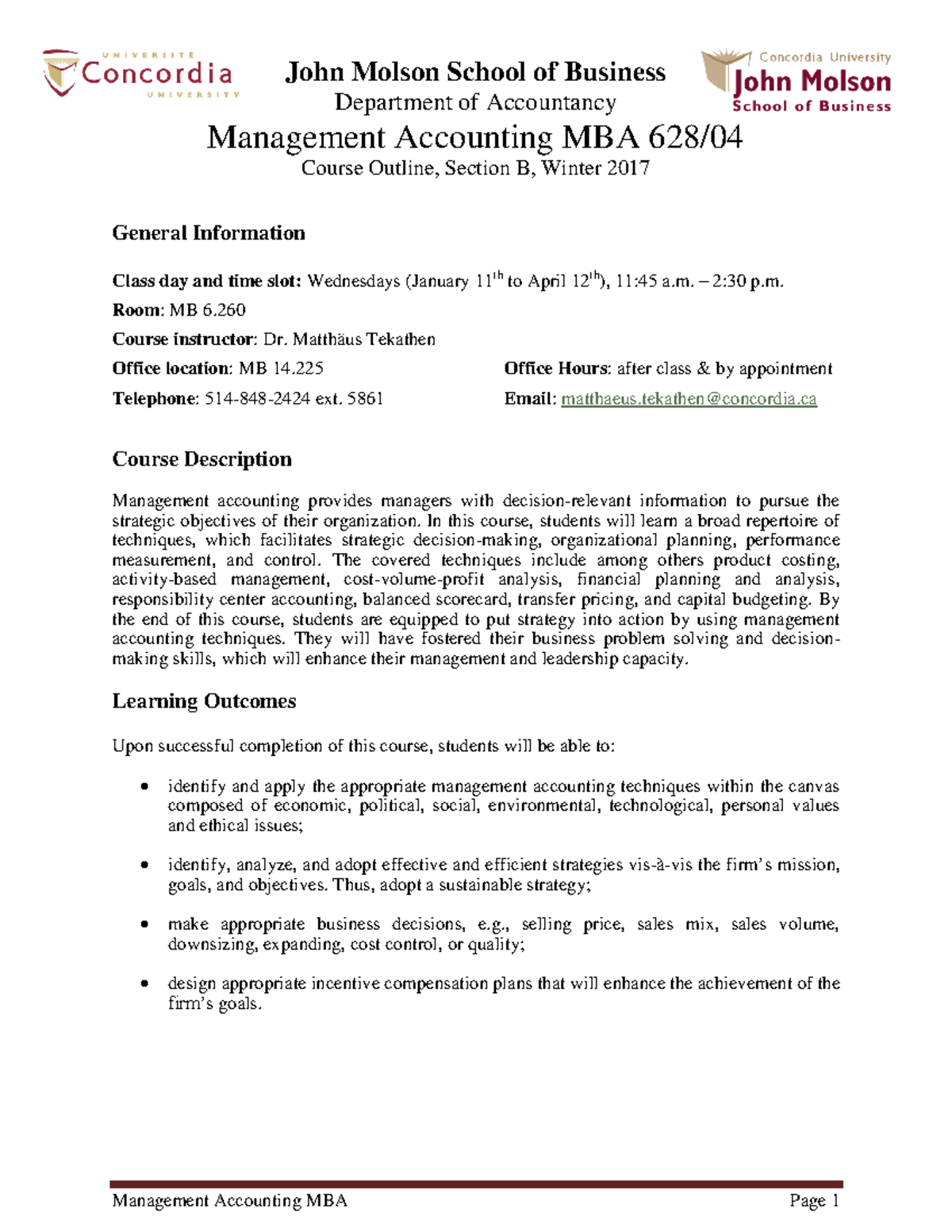MBA 628 Management Accounting Course Outline - Winter 2017 - Studocu