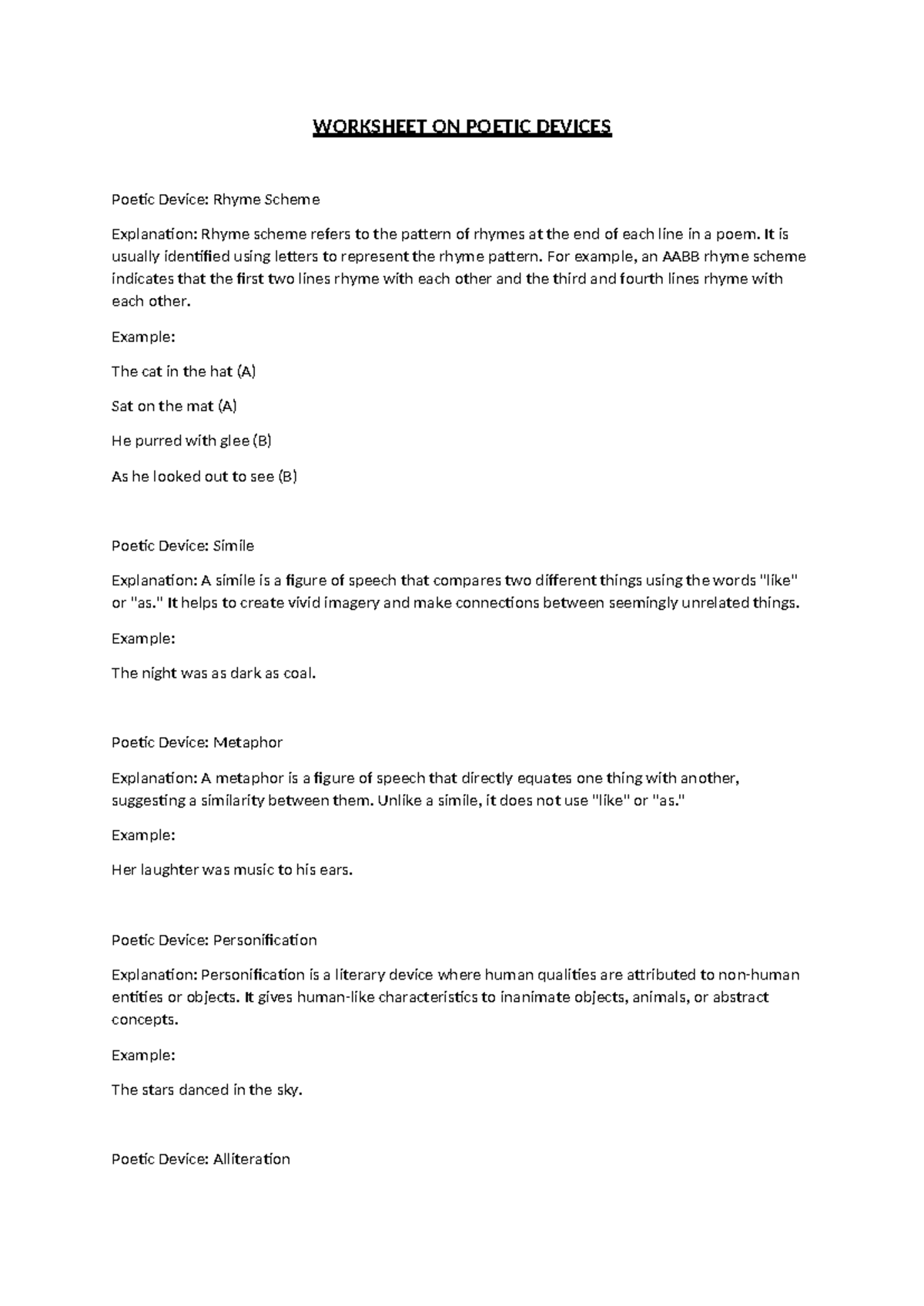 Worksheet on Poetic Devices: Rhyme, Simile, Metaphor & More - Studocu