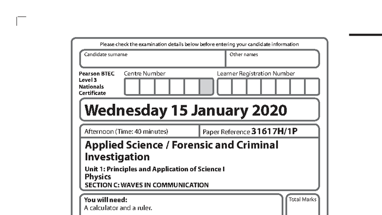 BTEC Level 3 Applied Science Unit 1 Physics Exam Questions - Jan 2020 ...