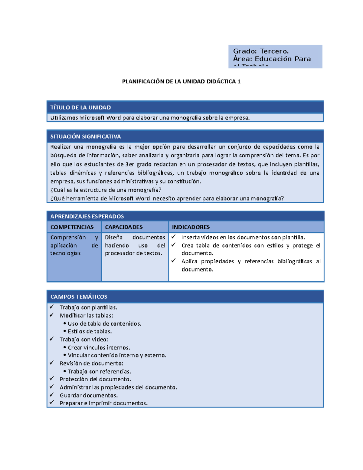 EPT- 1 Unidad - trabajo para el desarrollo de una sesión - PLANIFICACIÓN DE LA UNIDAD DIDÁCTICA ...