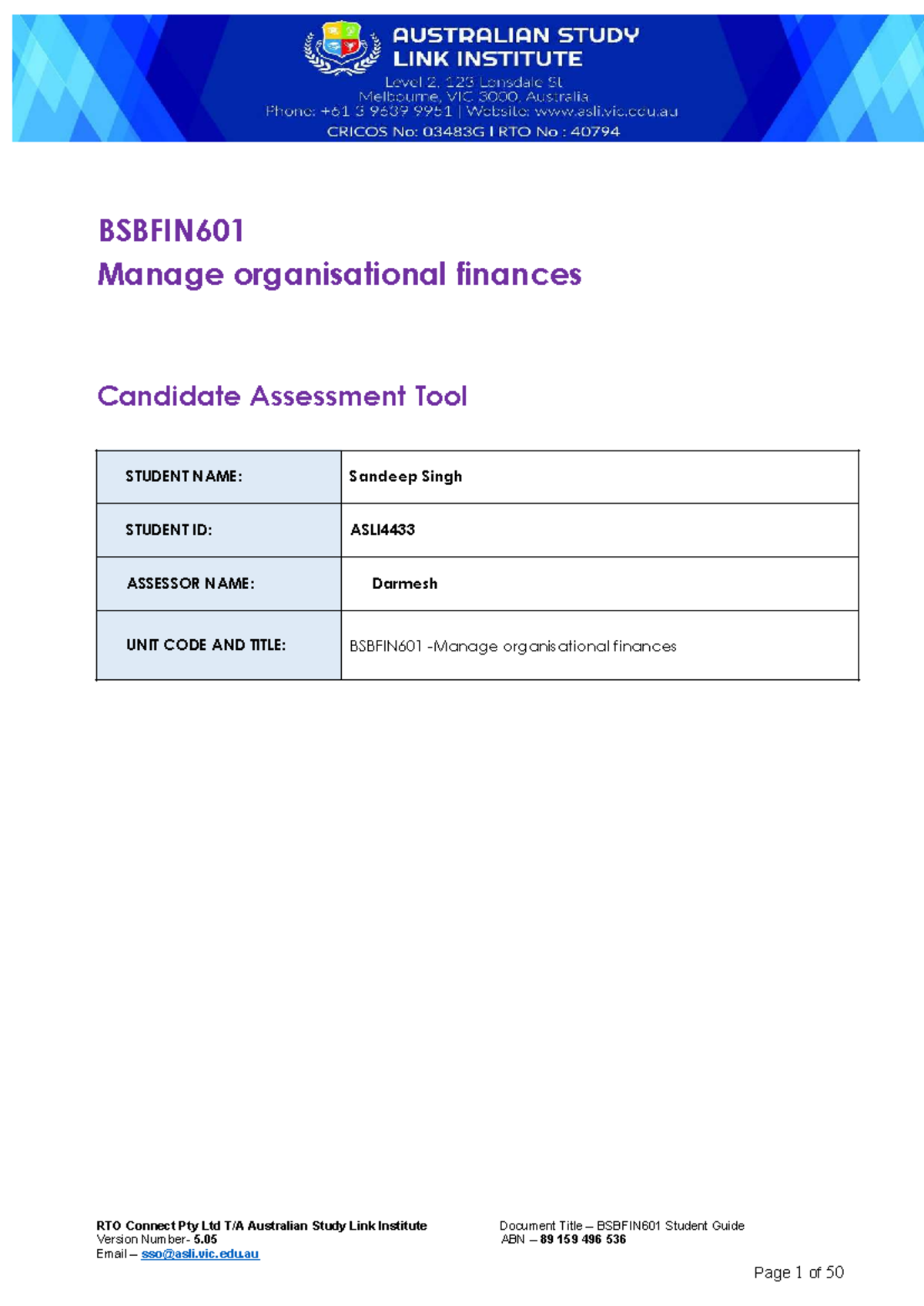 BSBFIN601 Student Guide: Managing Organisational Finances Assessment ...