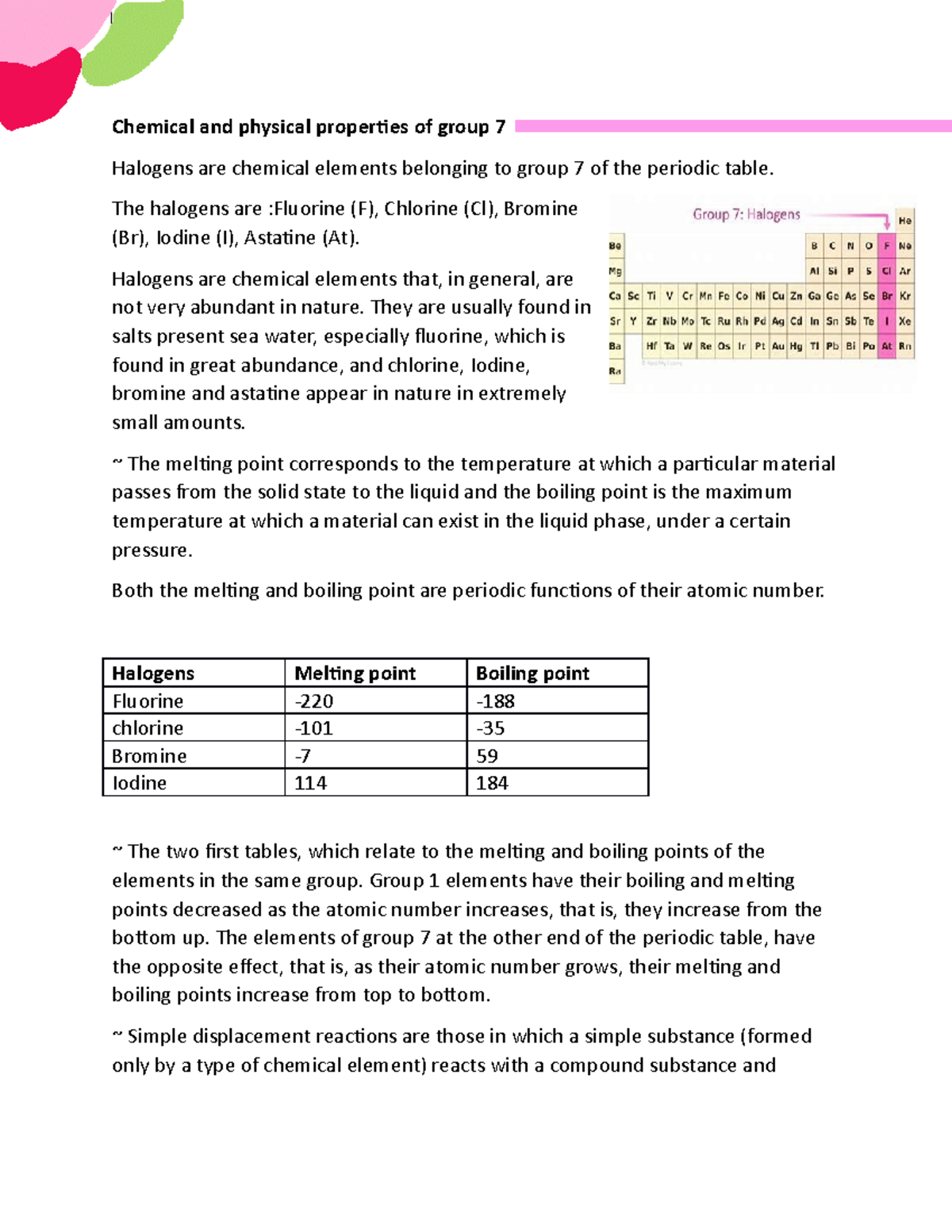 Chemical and Physical Properties of Halogens in Group 7 - Studocu