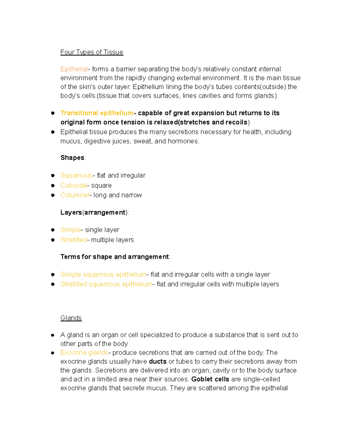 Exam 1 Study Guide(A&P - Four Types of Tissue Epithelial- forms a ...
