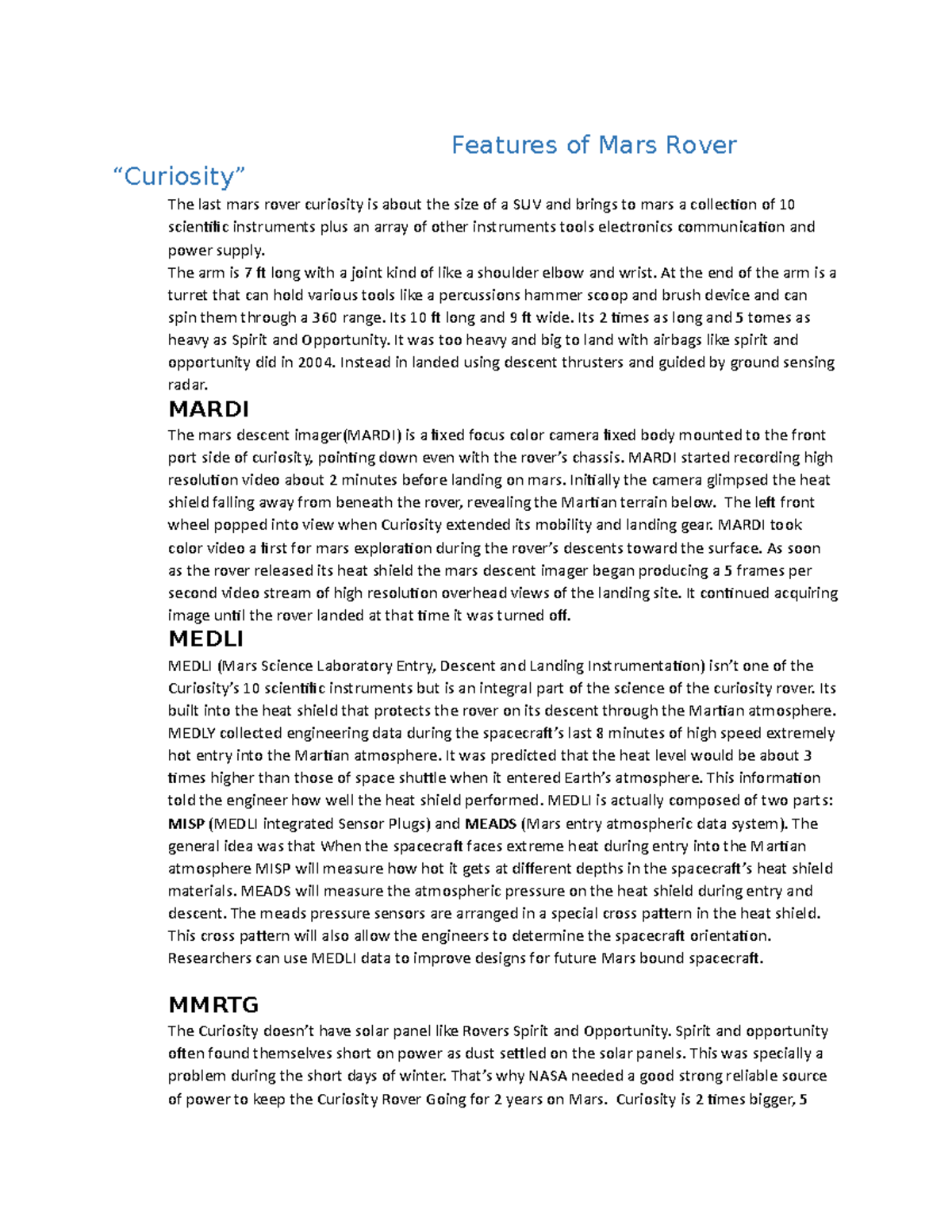 Curiosity - Grade: A - Features of Mars Rover The last mars rover ...