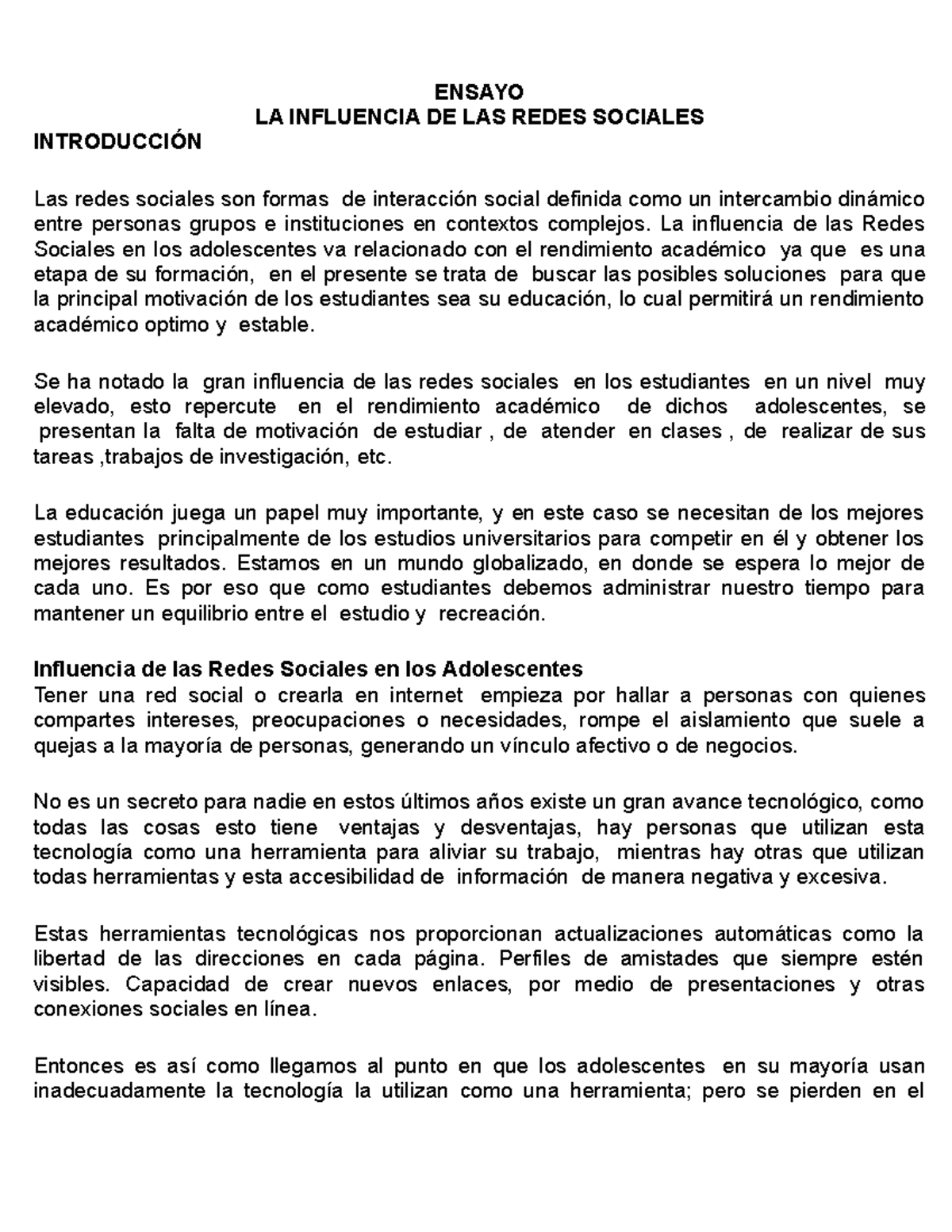 Ensayo: La Influencia de las Redes Sociales en Adolescentes - Studocu
