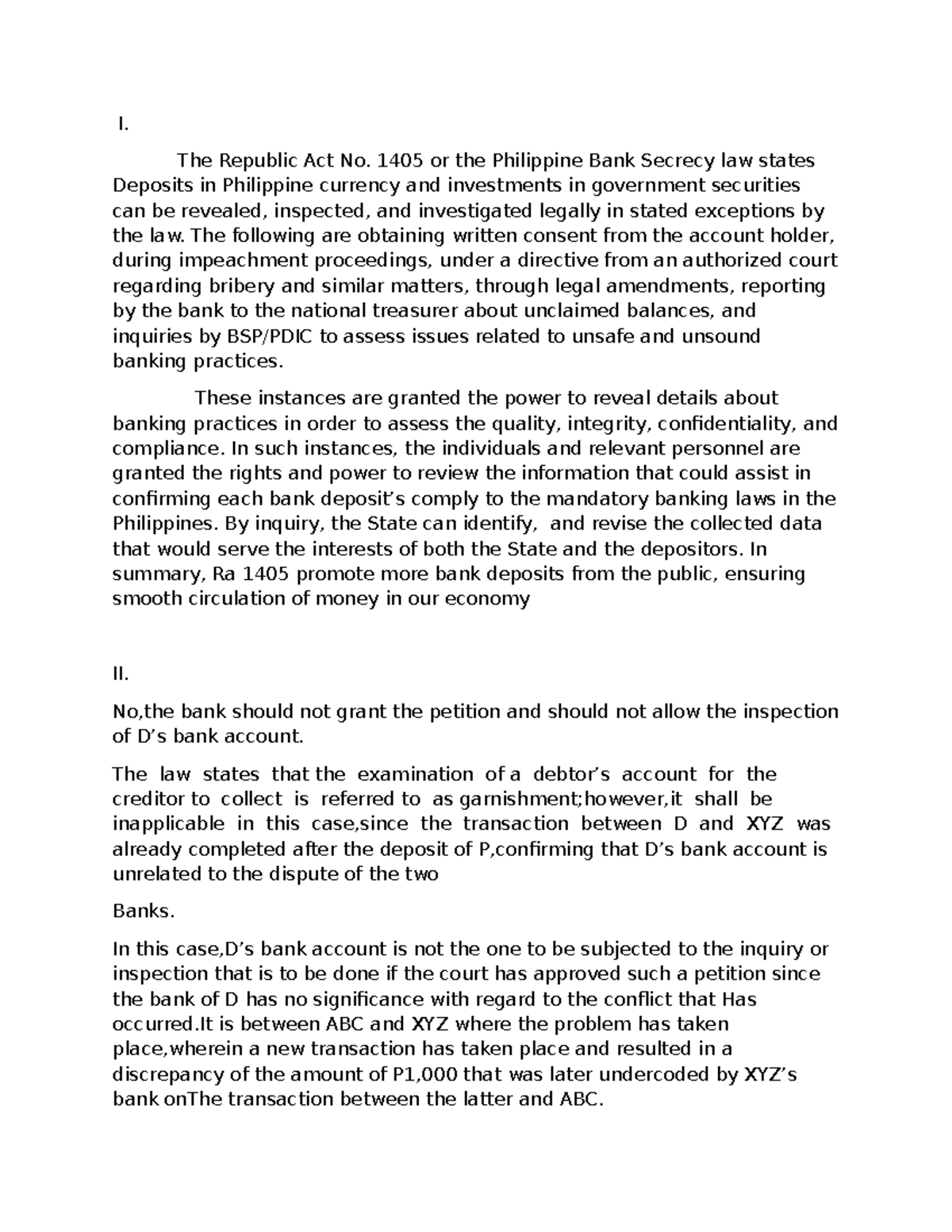 BAM 213: Analysis of the Philippine Bank Secrecy Law (RA 1405) - Studocu