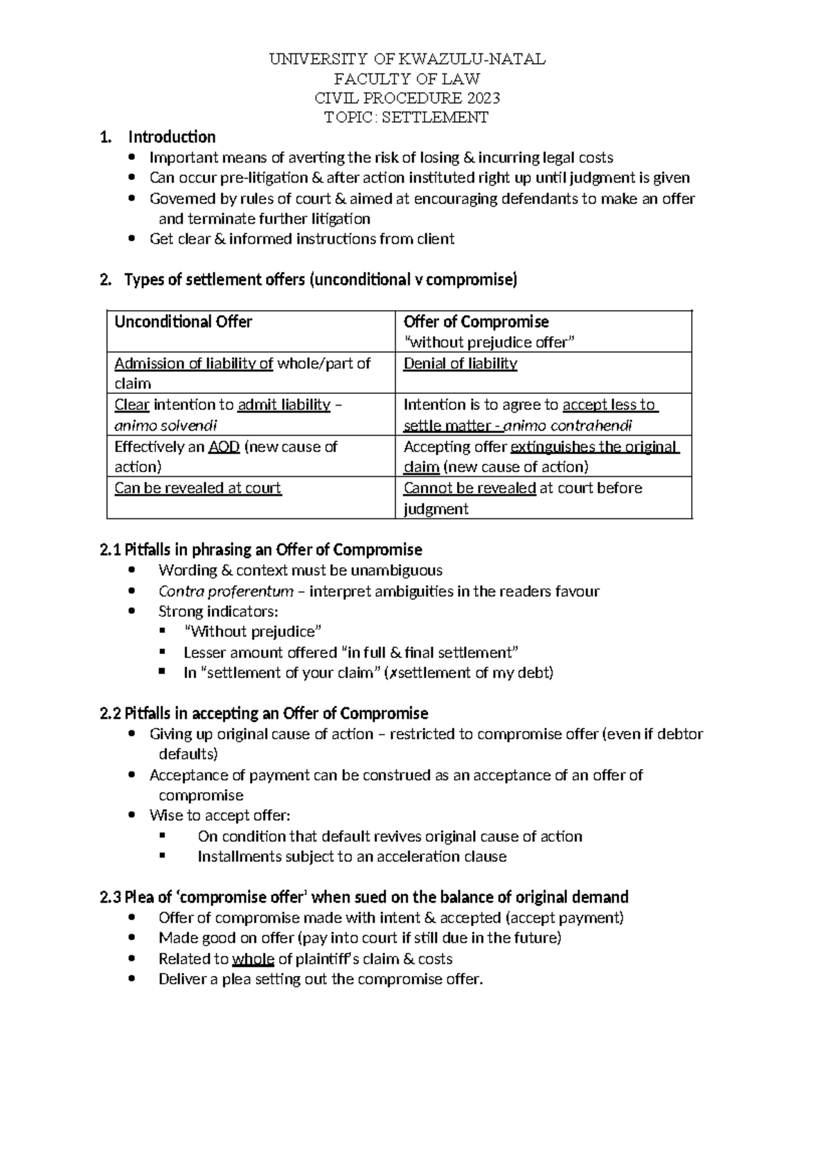 Civil Procedure 2023: Settlement Overview and Key Considerations - Studocu