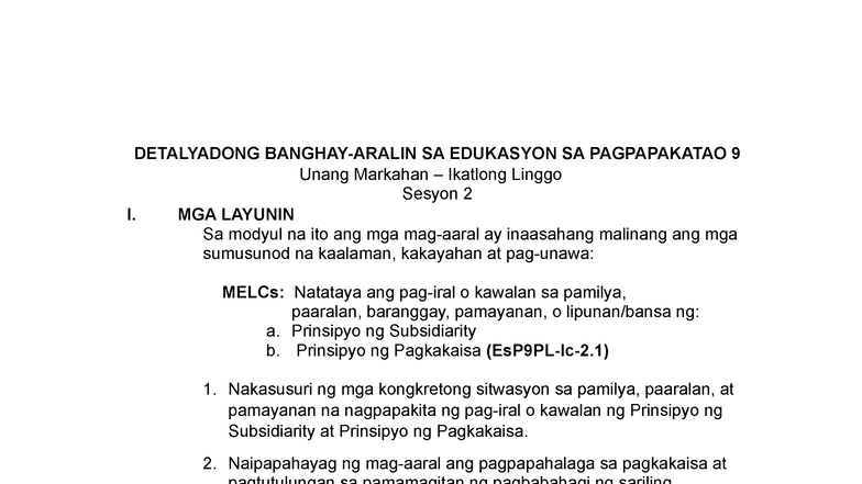 ESP 9 Lesson Plan: Unang Markahan, Modyul 2 - Prinsipyo ng Subsidiarity at - Studocu