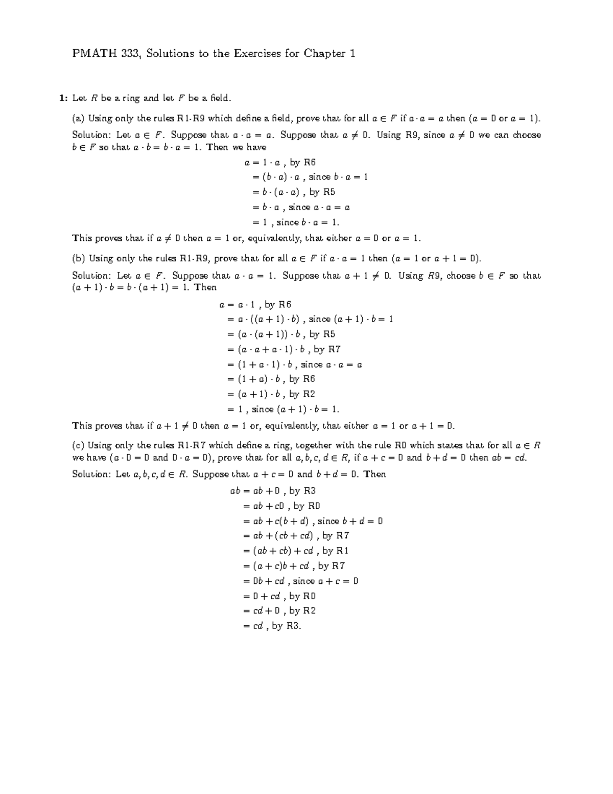 PMATH Ex1 Solutions for Chapter 1: Ring and Field Properties - Studocu