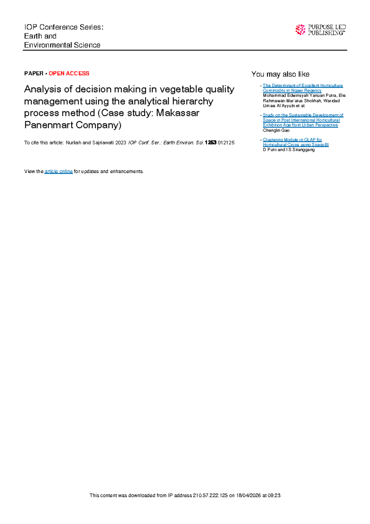 Analysis of Decision Making in Vegetable Quality Management (IOP 1253 ...