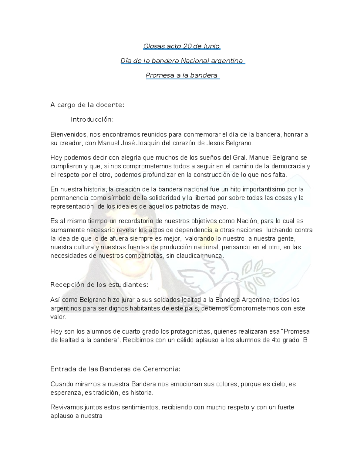 Glosas del Acto del 20 de Junio - Promesa a la Bandera 4to B 2025 - Studocu