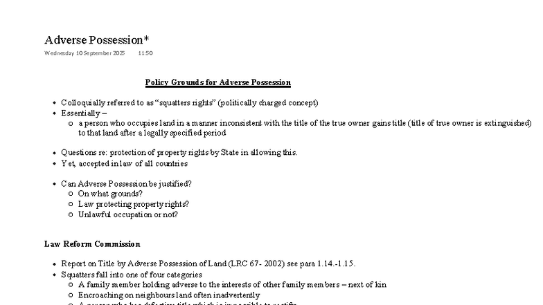 Adverse Possession - Land Law Notes (LAW 101) - Studocu