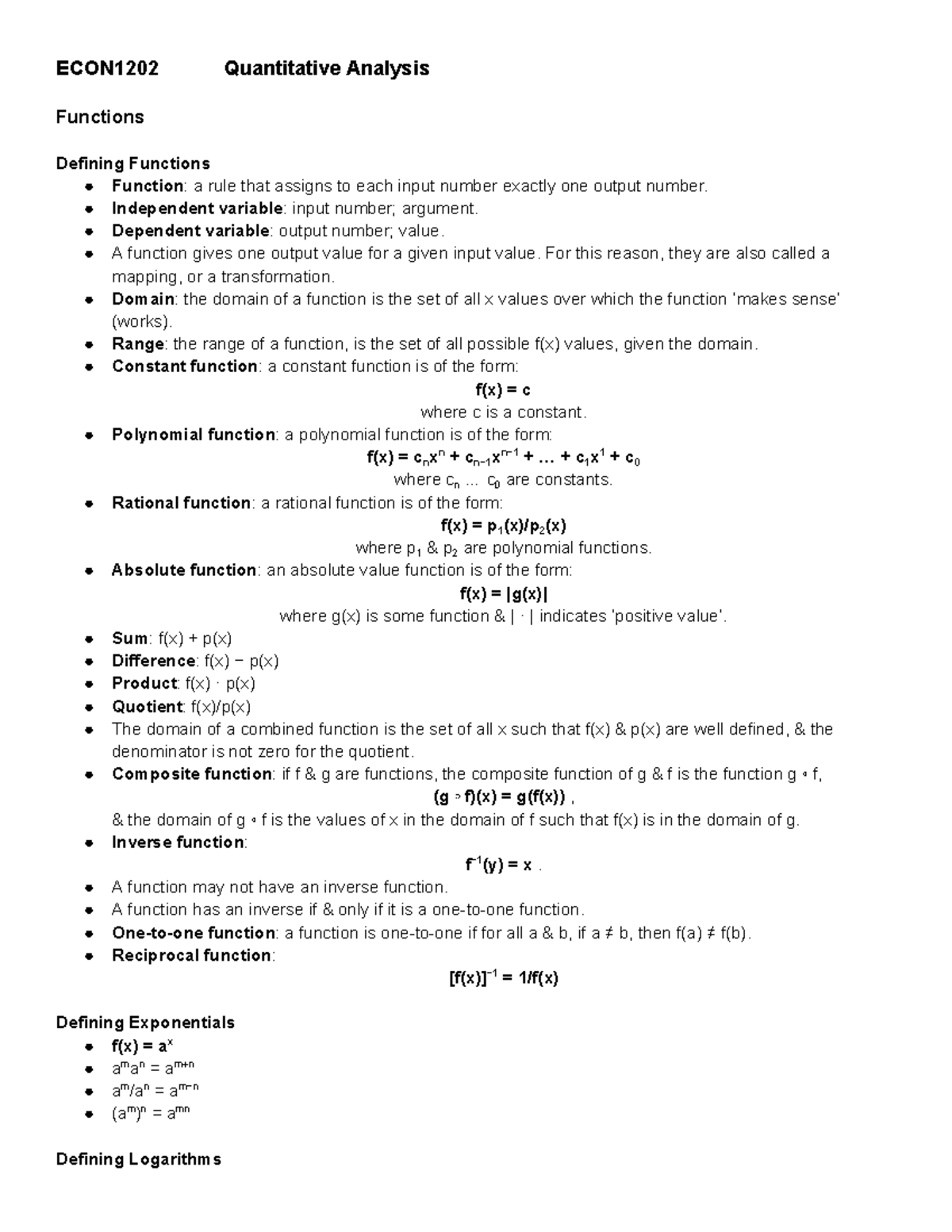 ECON1202 Quantitative Analysis: Functions, Interest, and Matrices Notes ...