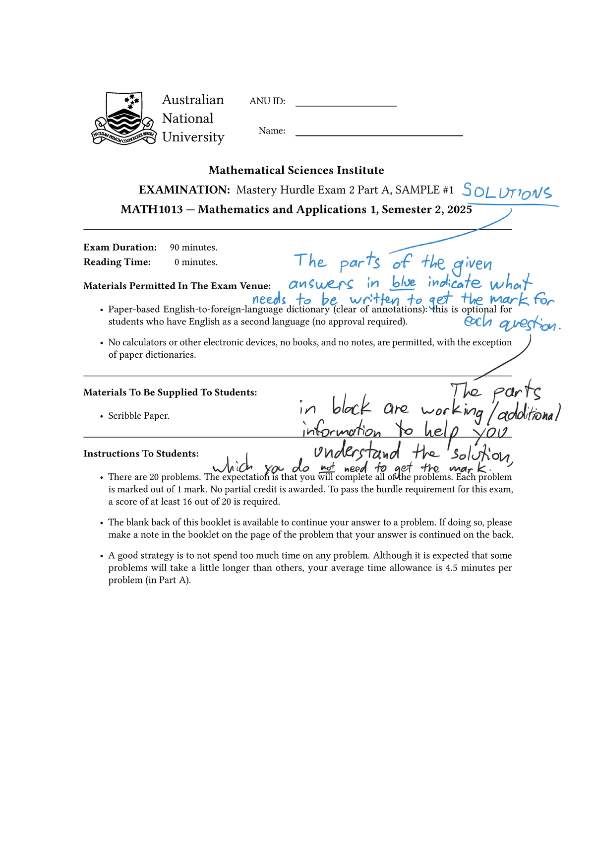 MATH1013 2025S2 Mastery Hurdle Exam 2 Part A Sample Solutions - Studocu