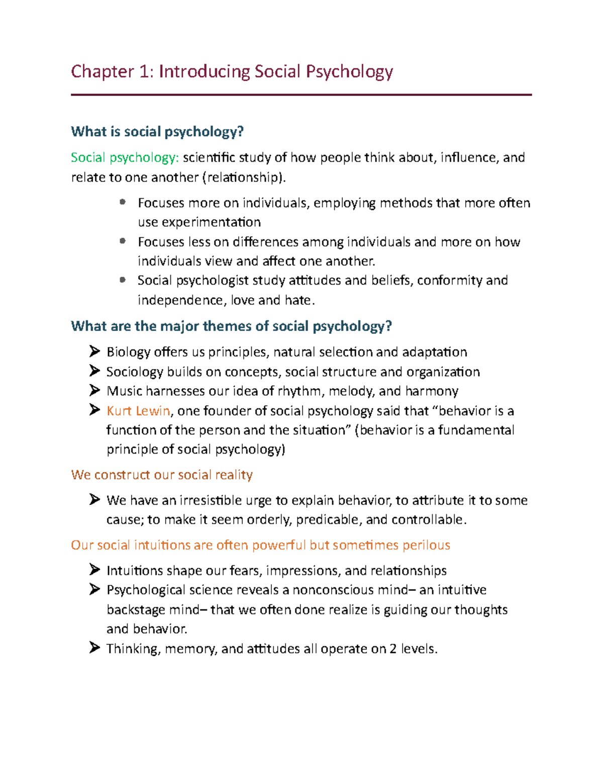 Chapter 1 - notes - Chapter 1: Introducing Social Psychology What is ...