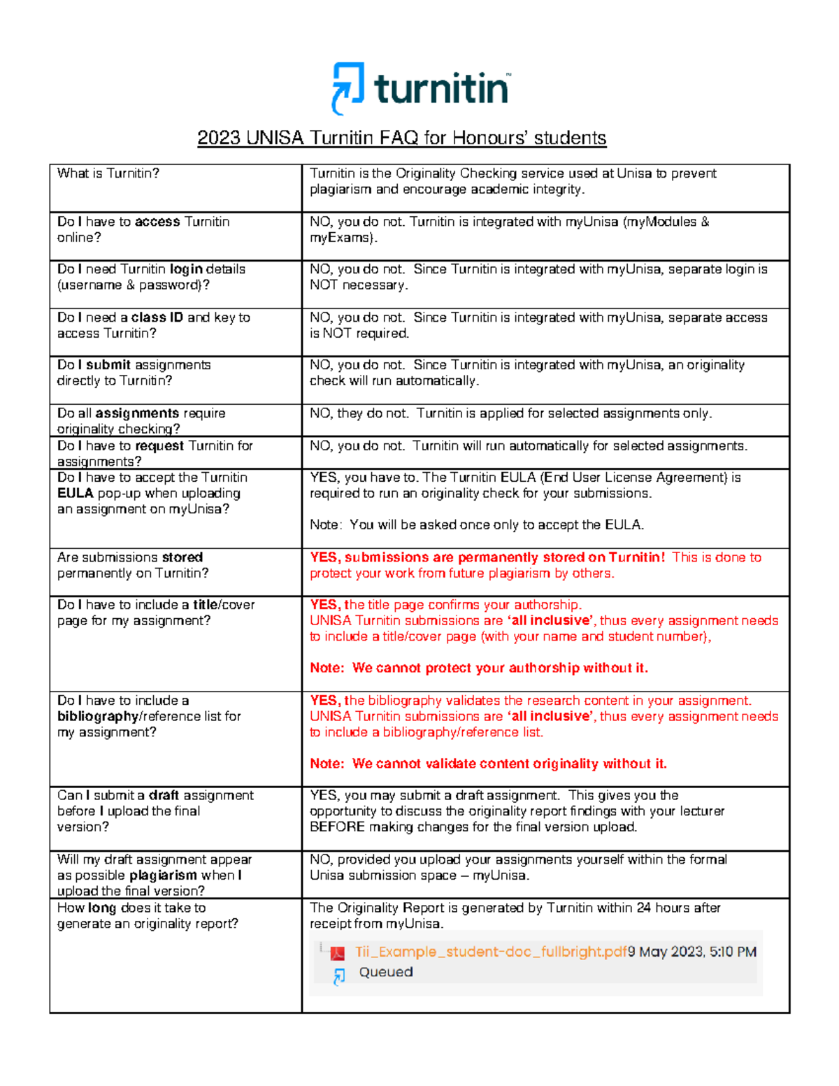 UNISA Honours Turnitin FAQ 2023: Guidelines & Integrity Tips - Studocu