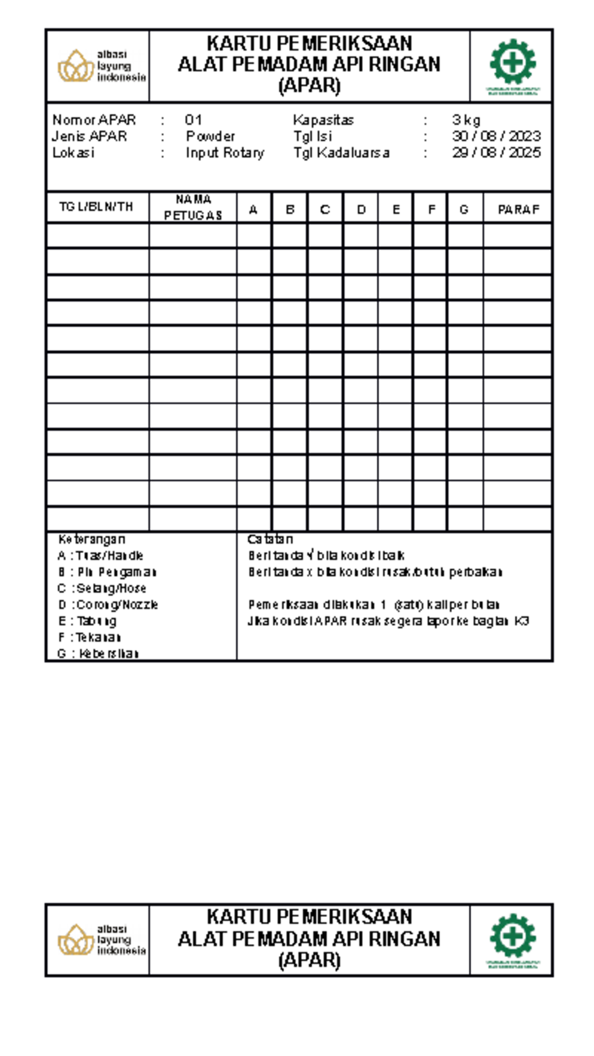 Checklist Kartu Pemeriksaan Alat Pemadam Api Ringan (APAR) - Studocu