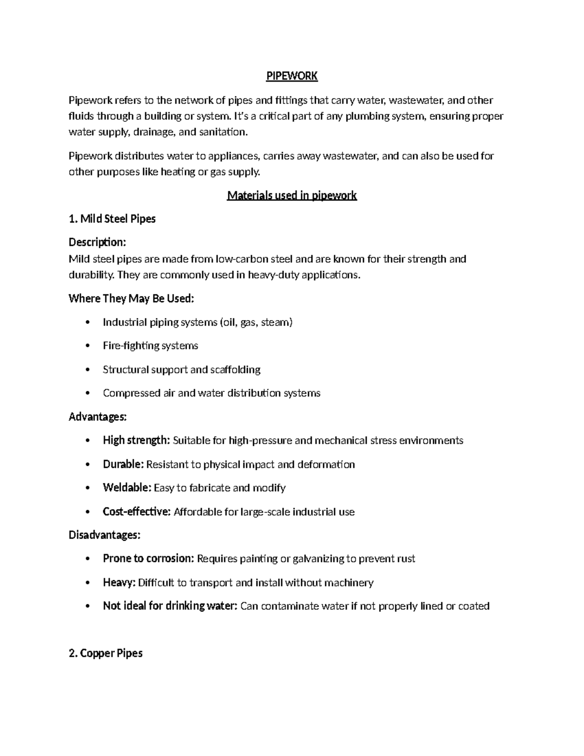Pipework (Revision Notes) - Key Concepts and Materials Overview - Studocu