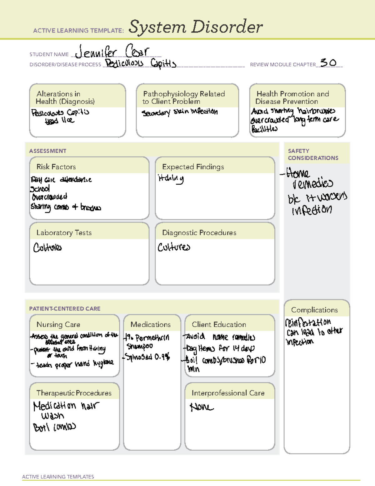 ACTIVE LEARNING TEMPLATE: Capitis - Pediculosis Management & Care - Studocu