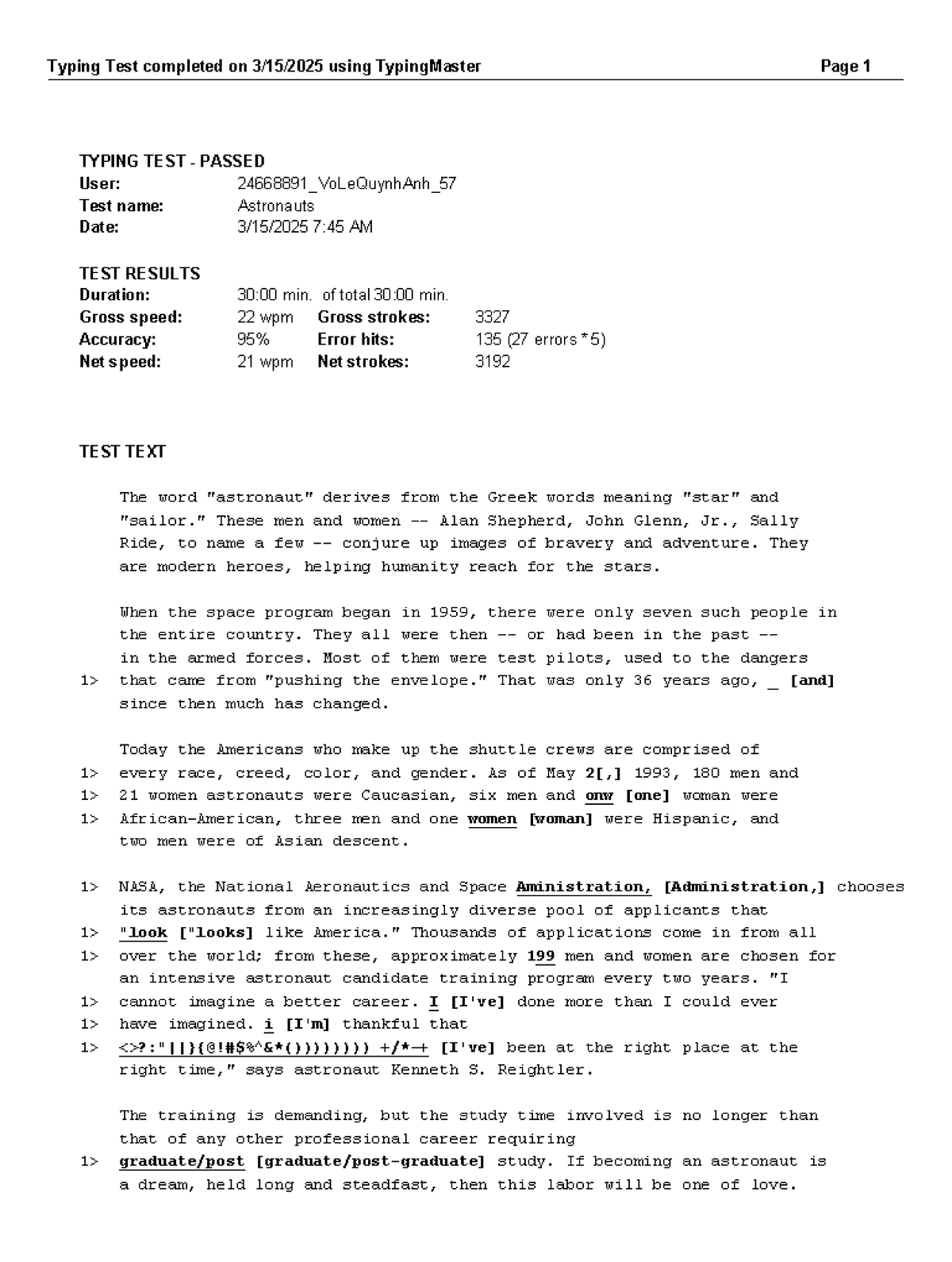 Astronauts - sffefsf - Typing Test completed on using TypingMaster Page ...