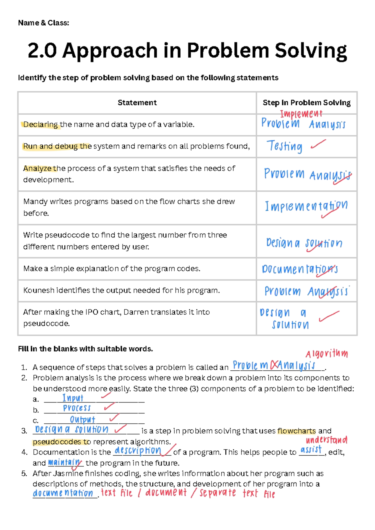 2.0 Problem Solving Steps Worksheet - Class Notes - Studocu