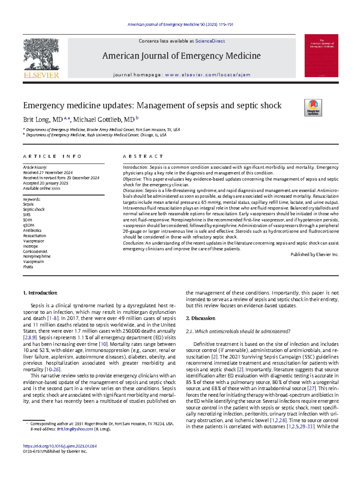 Sepsis and Septic Shock Management Updates: Am J Emerg Med 90 (2025 ...