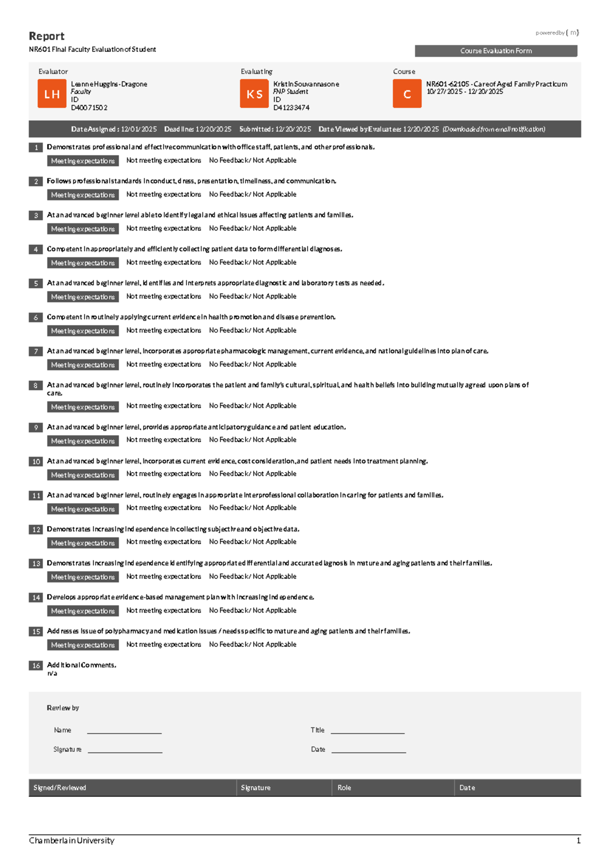 NR601 Final Report: Faculty Evaluation of Student Performance - Studocu