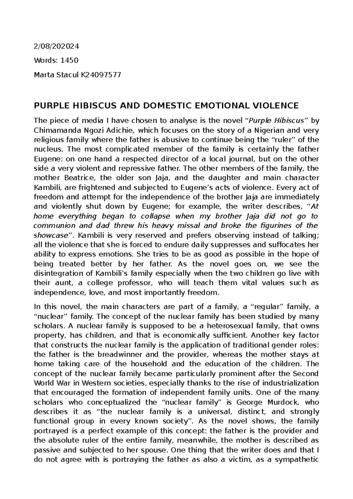 K24097577 Essay Notes: Analyzing Domestic Violence in Purple Hibiscus ...