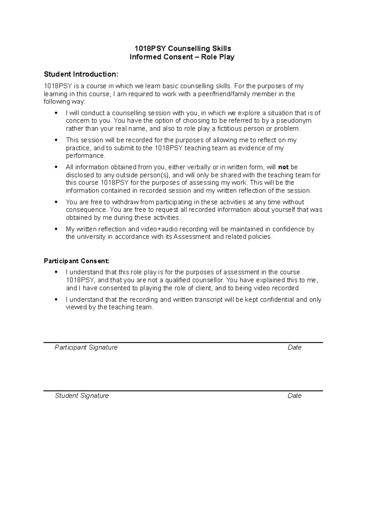 Informed Consent for Role Play - 1018PSY Counselling Skills - Studocu