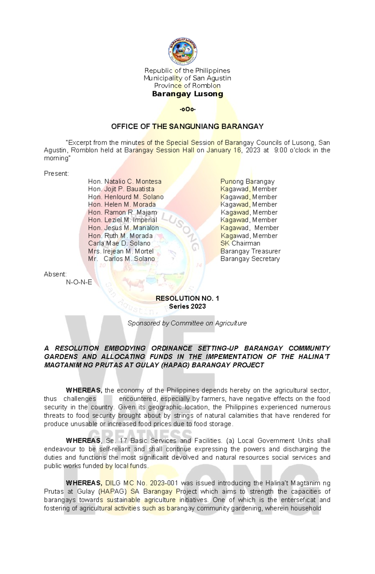 689444311 Ordinance for Barangay HAPAG Community Gardens - Studocu