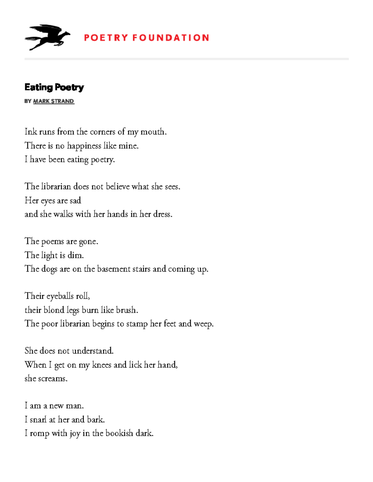 Eating Poetry Analysis - M A R K S T R A N D - Studocu