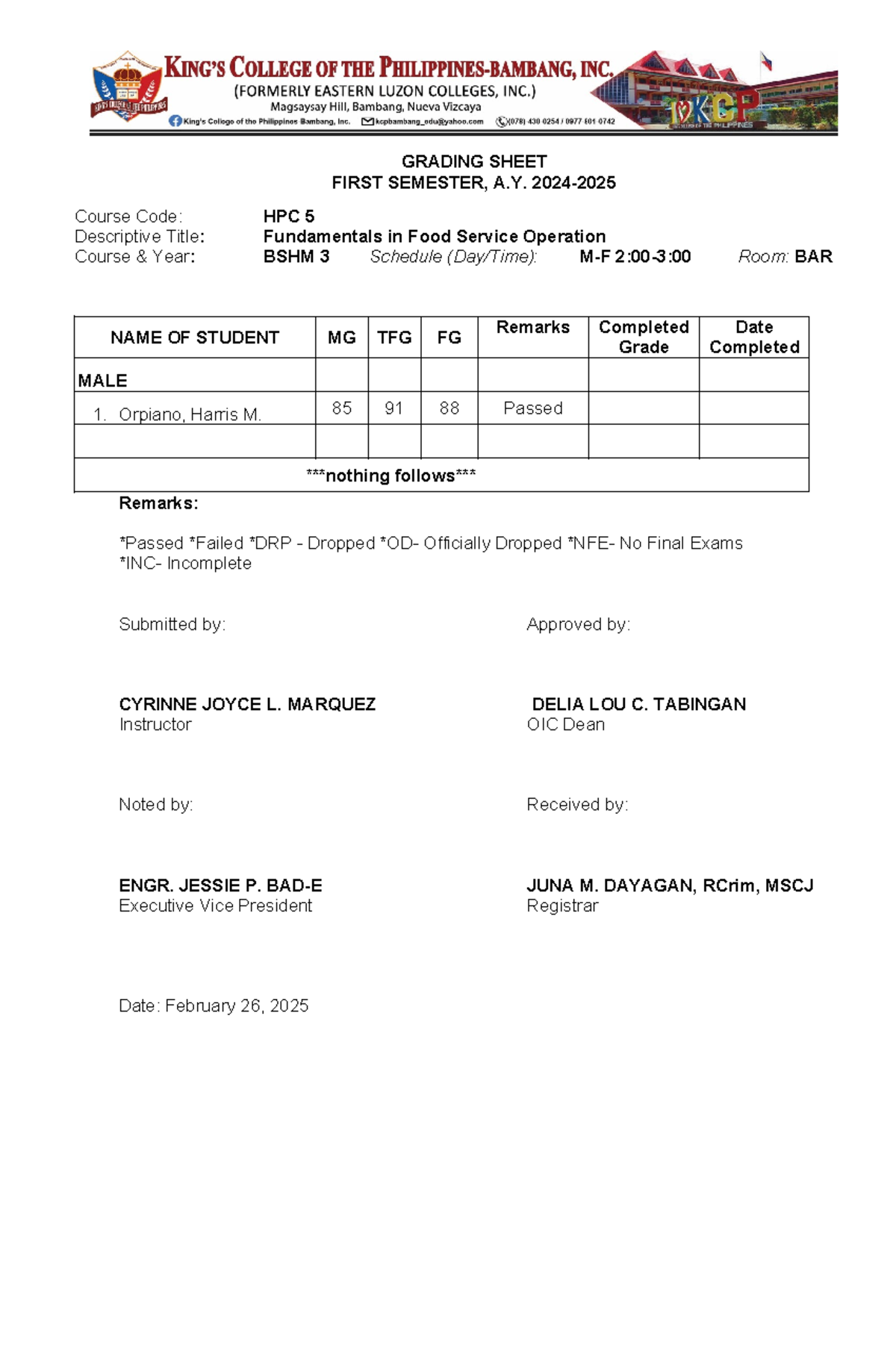 Fbs - fbs - GRADING SHEET FIRST SEMESTER, A. 2024- Course Code: HPC 5 ...
