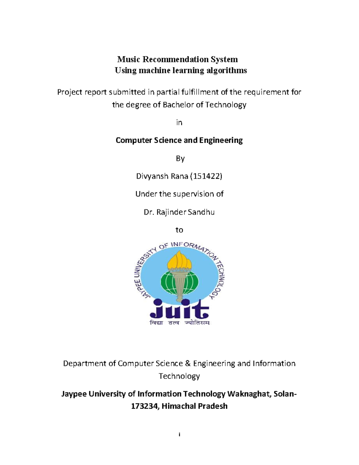 Music Recommendation System Using ML Algorithms - B.Tech Project Report ...