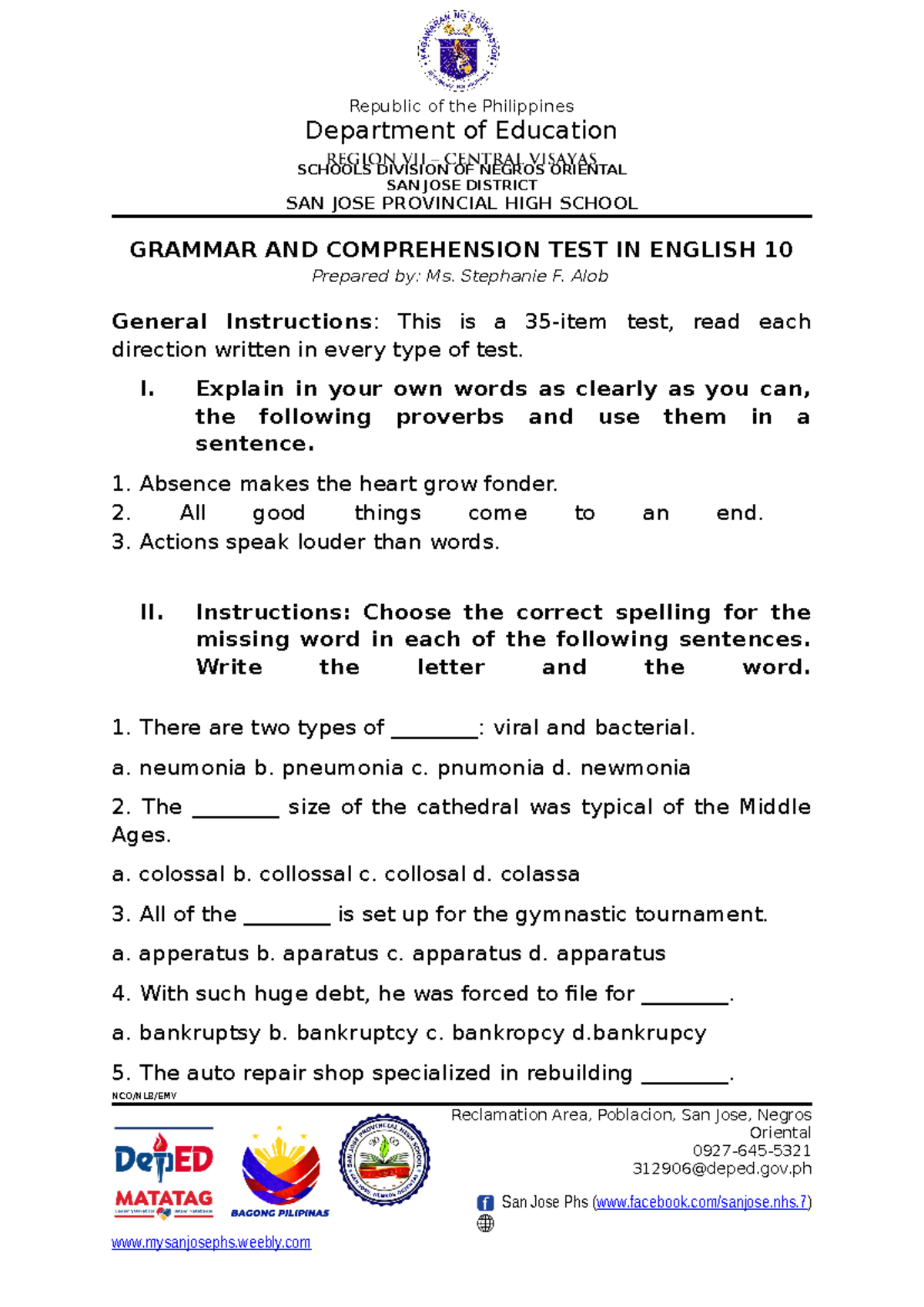 Grammar AND Comprehension TEST IN English 10 - Department of Education ...