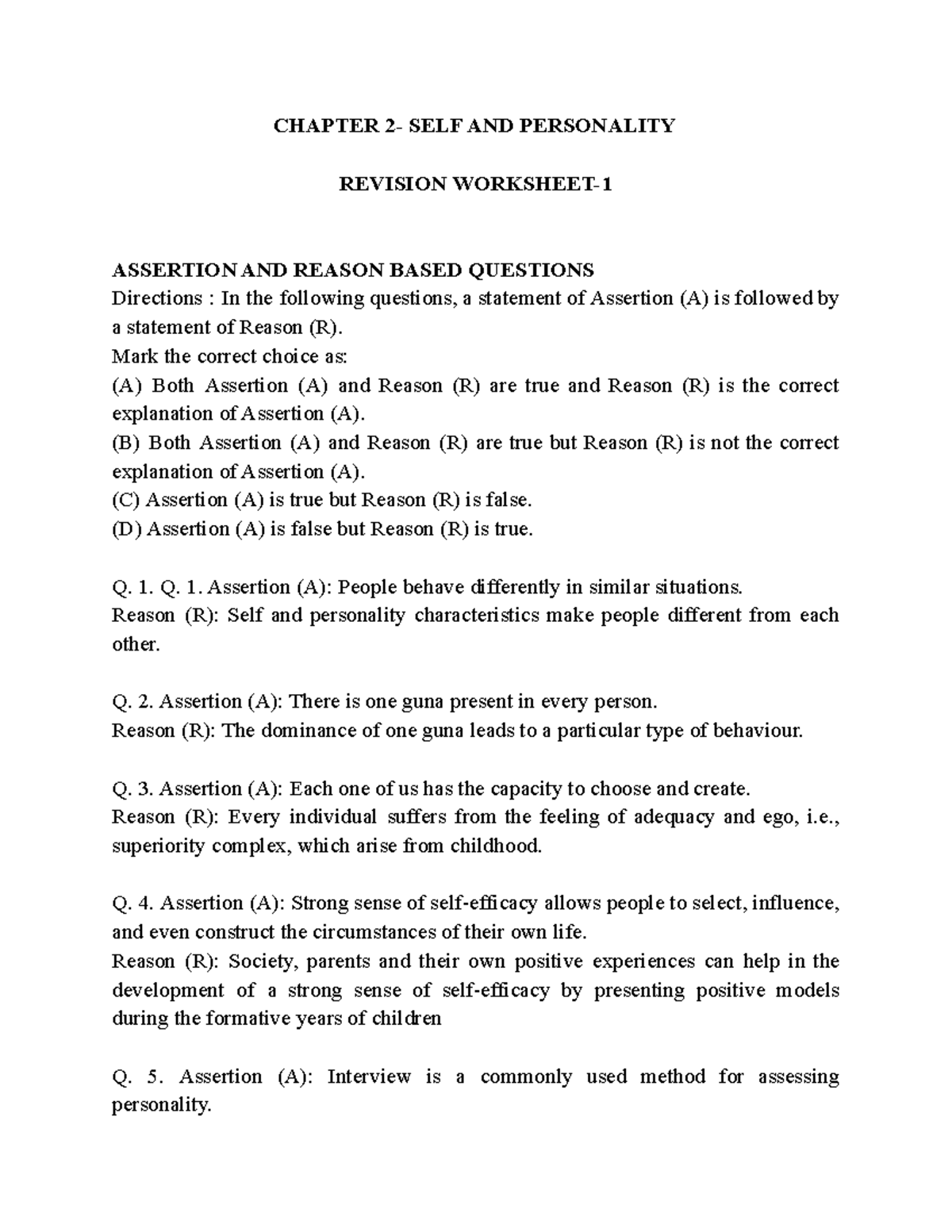 Chapter 2 Revision Worksheet 1 - CHAPTER 2- SELF AND PERSONALITY ...