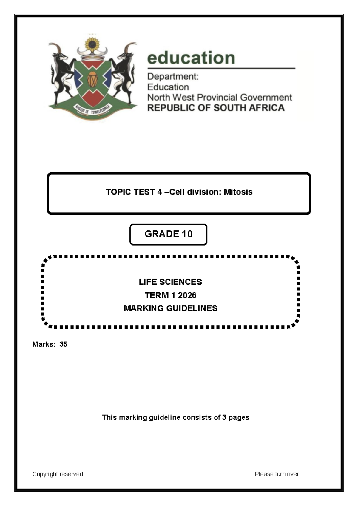 Grade 10 Life Sciences Term 1 2026: Mitosis Topic Test 4 Marking ...