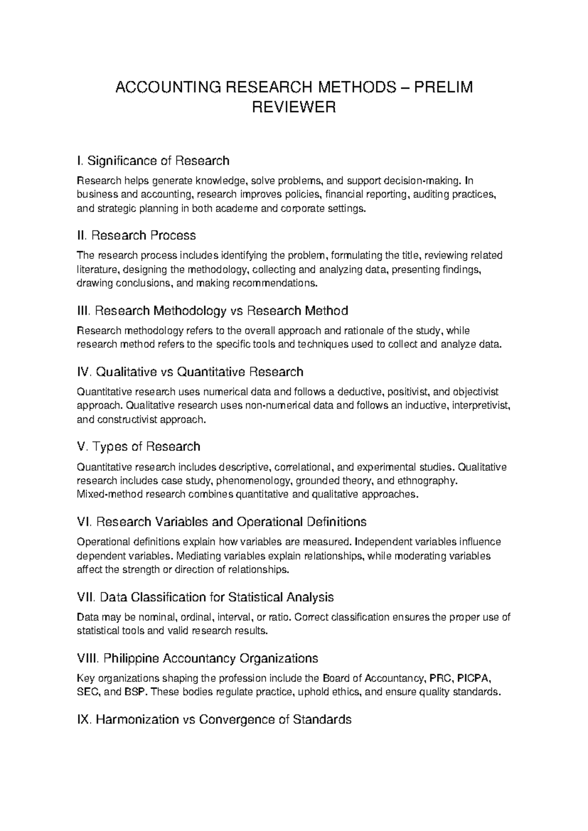 ACCT 101: Research Methods Preliminary Reviewer Guide - Studocu